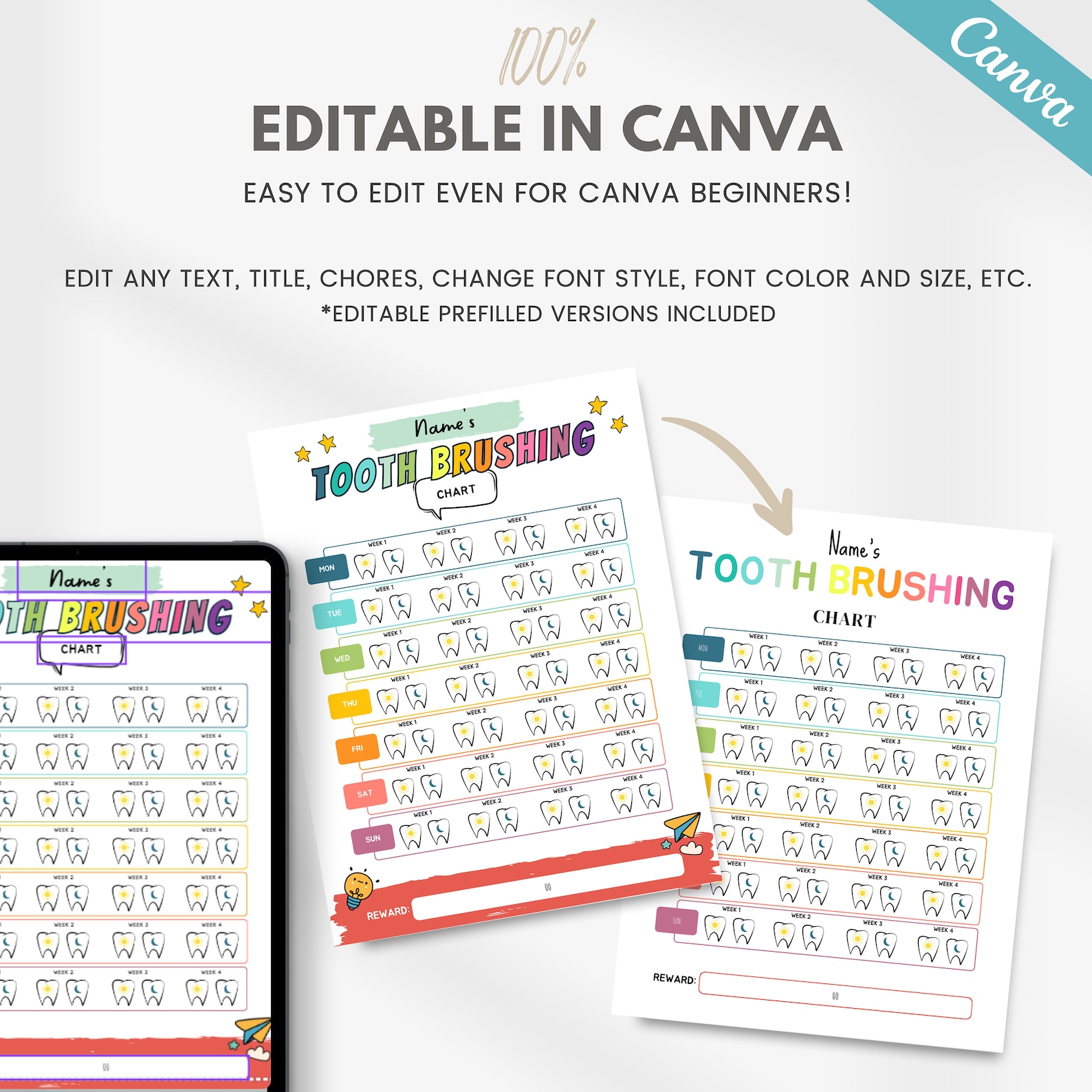 Editable Tooth Brushing Chart, Toddler Teeth Brushing Reminder, Clean ...