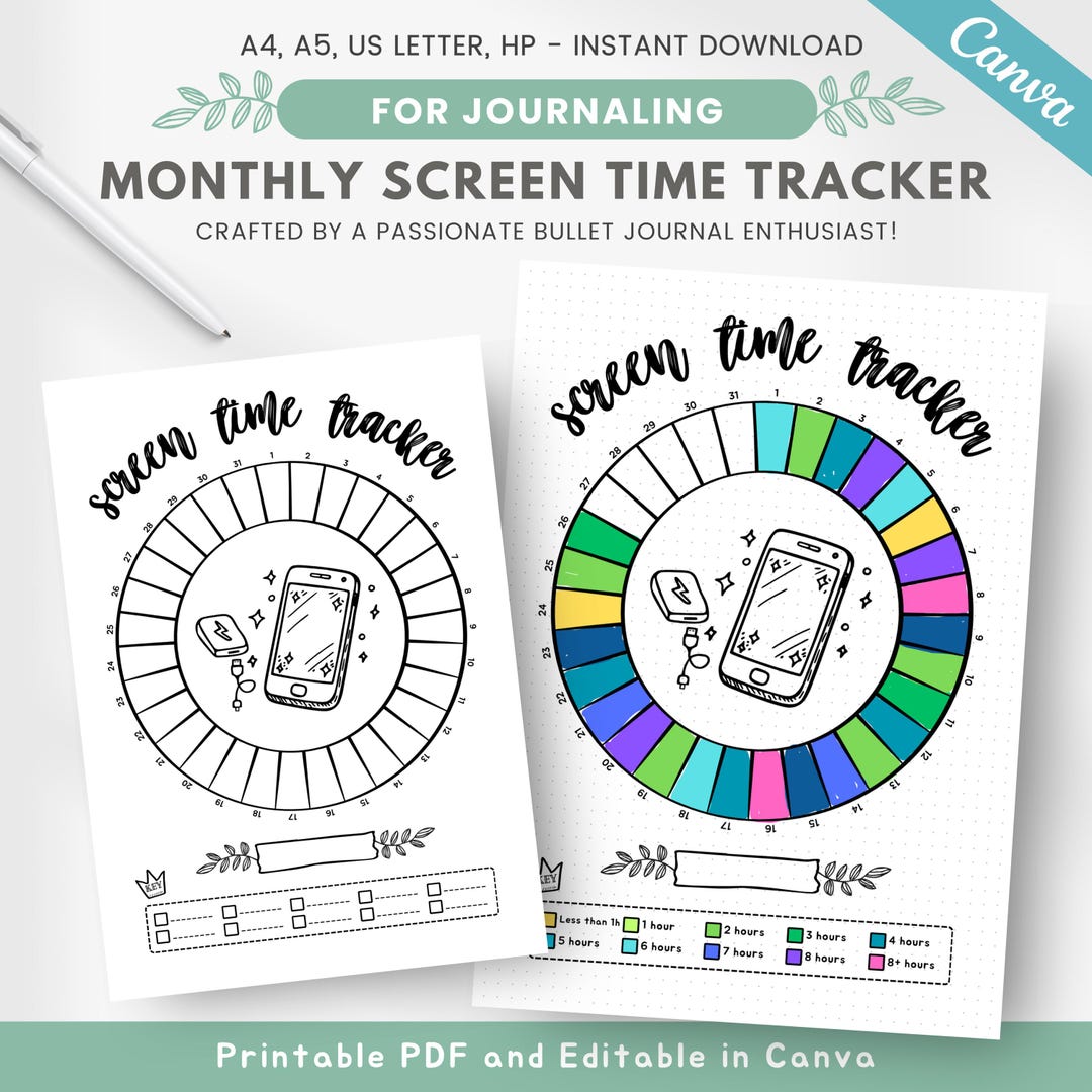 Daily Screen Time Tracker, PRINTABLE & EDITABLE Journal Page, Monthly ...