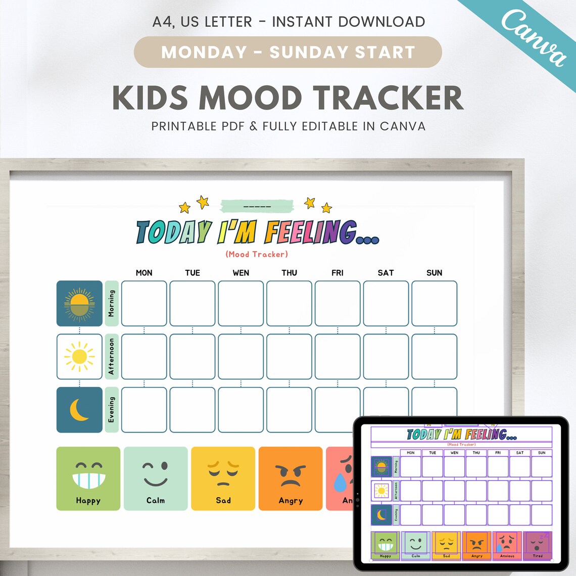 Printable Kids Mood Tracker, Weekly Feelings Chart, Toddler Emotions ...