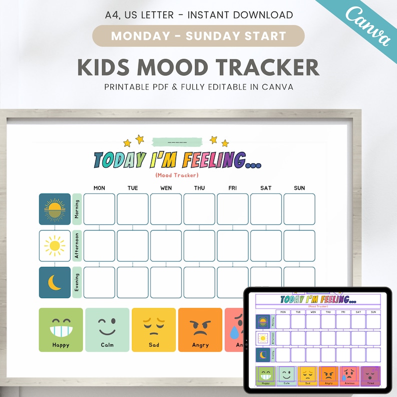 Printable Kids Mood Tracker, Weekly Feelings Chart, Toddler Emotions ...