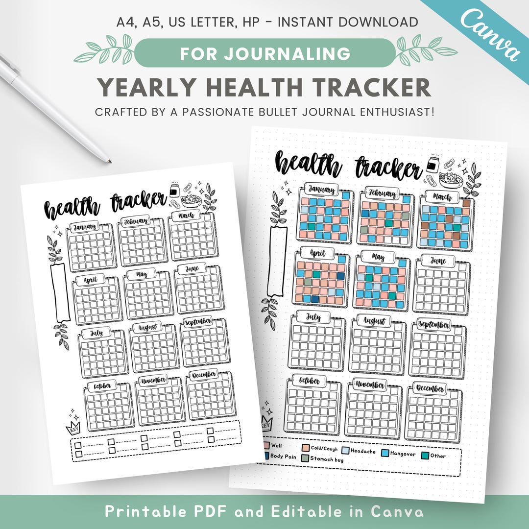 Yearly Health Tracker, Printable Journal Page, Symptoms Tracker, Health ...