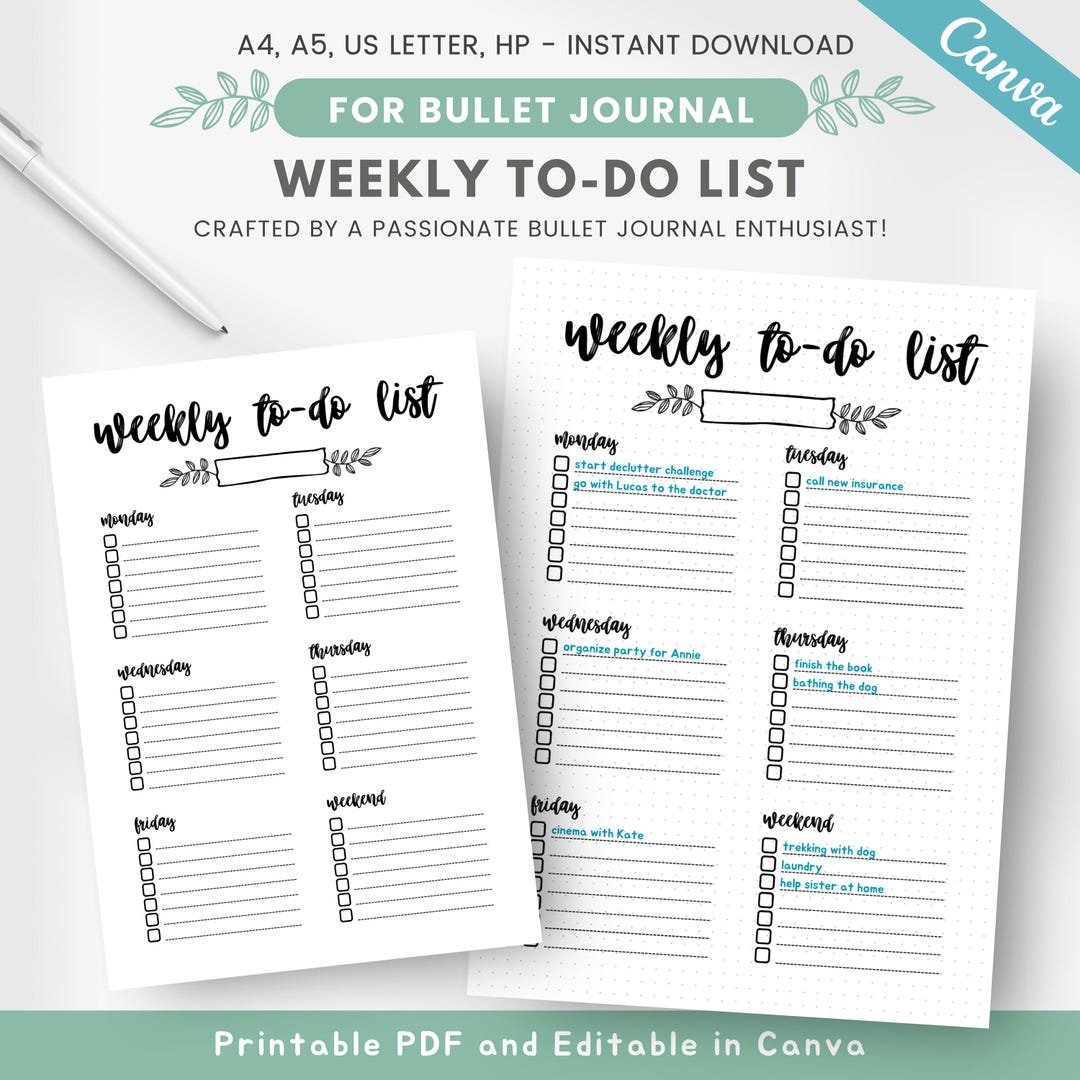 Weekly to Do List Page for Bullet Journaling, Task Checklist, Weekly ...