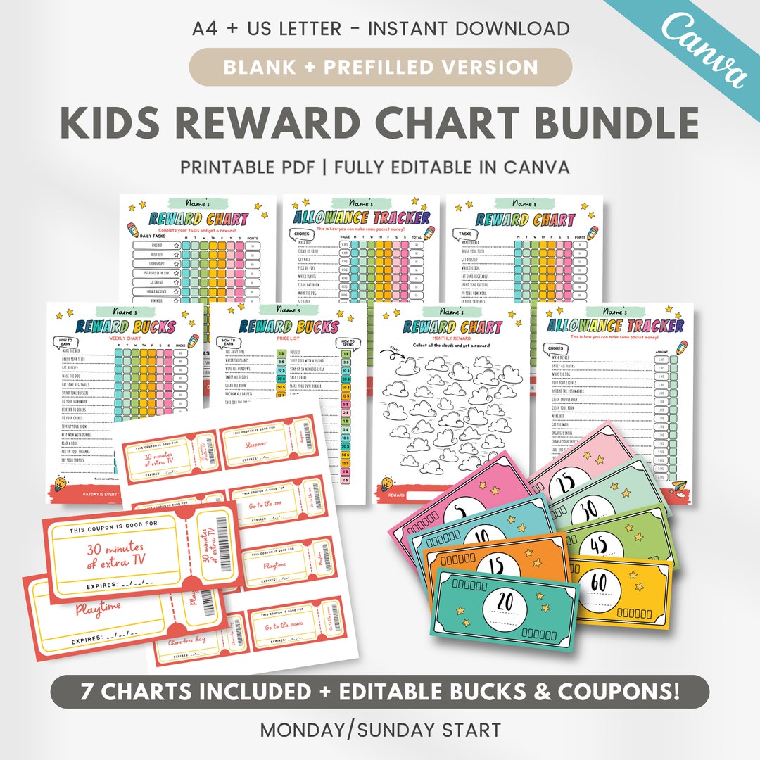 Editable Reward Bucks & Reward Chart for Kids, Printable Reward Coupons ...