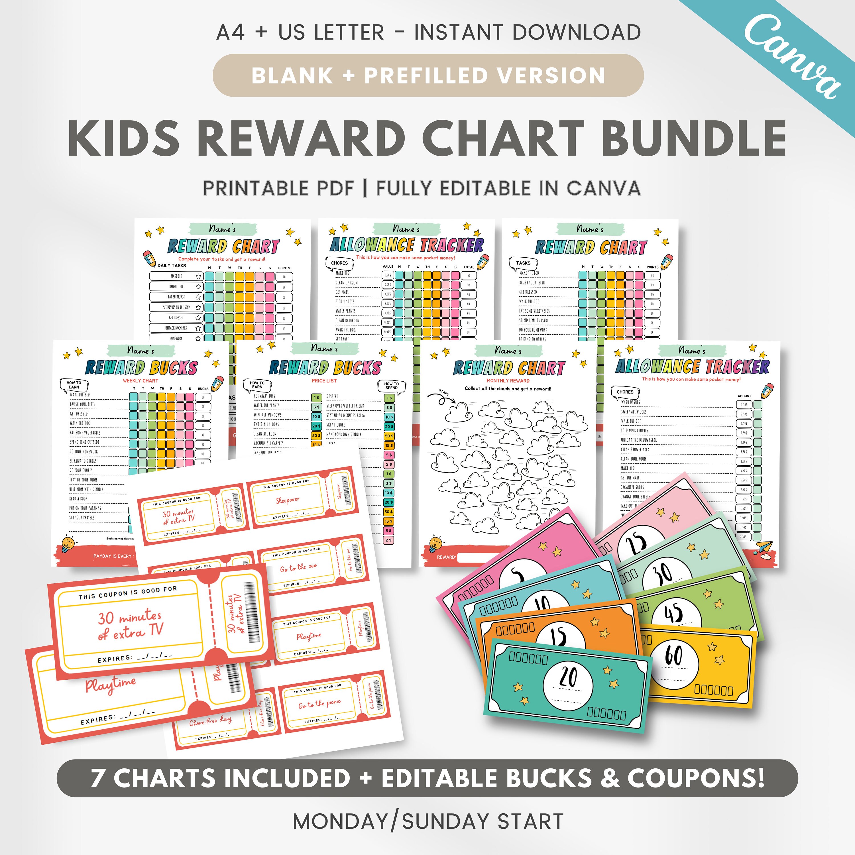 Editable Reward Bucks & Reward Chart for Kids, Printable Reward Coupons ...