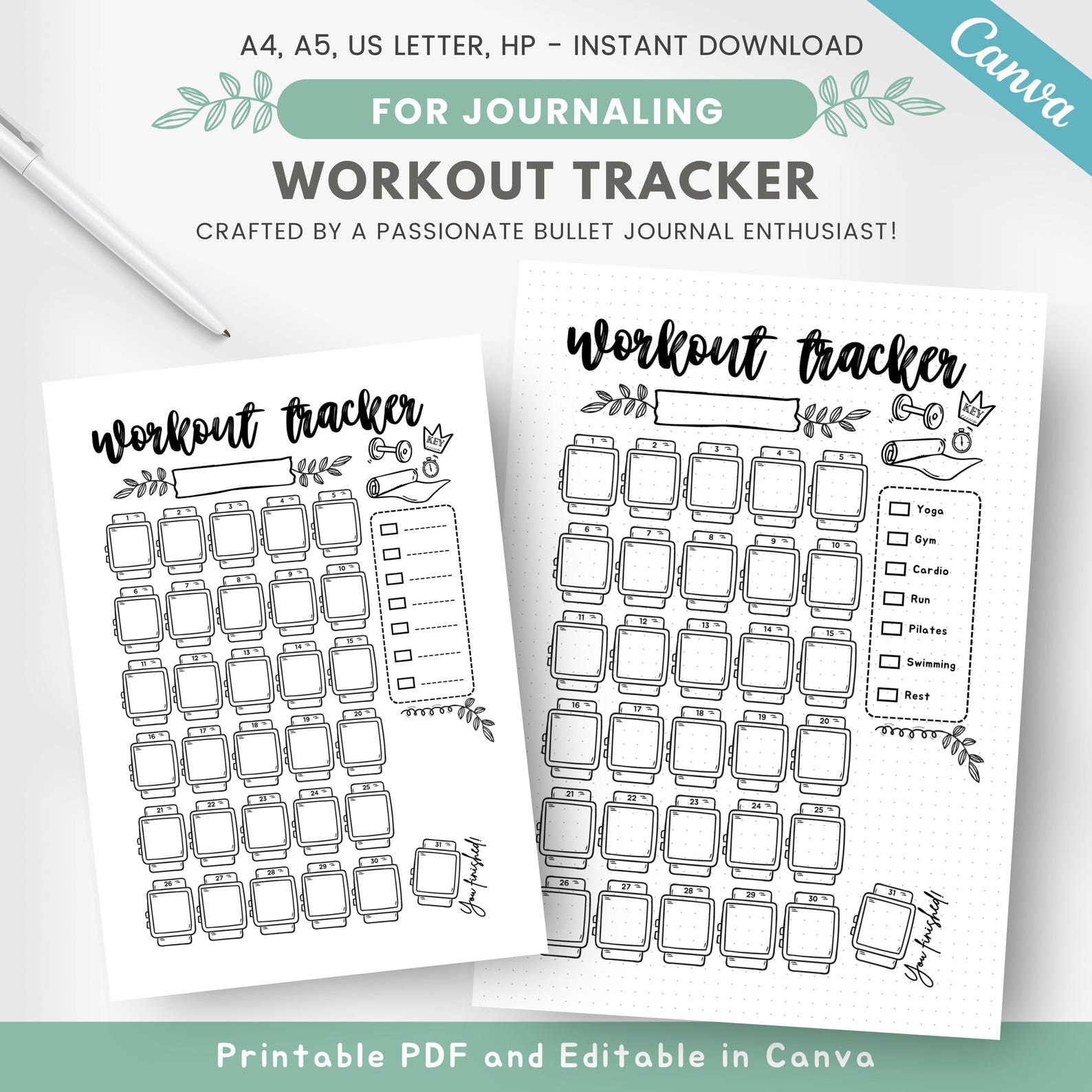 Monthly Workout Tracker, Printable Exercise Tracker, Monthly Fitness ...