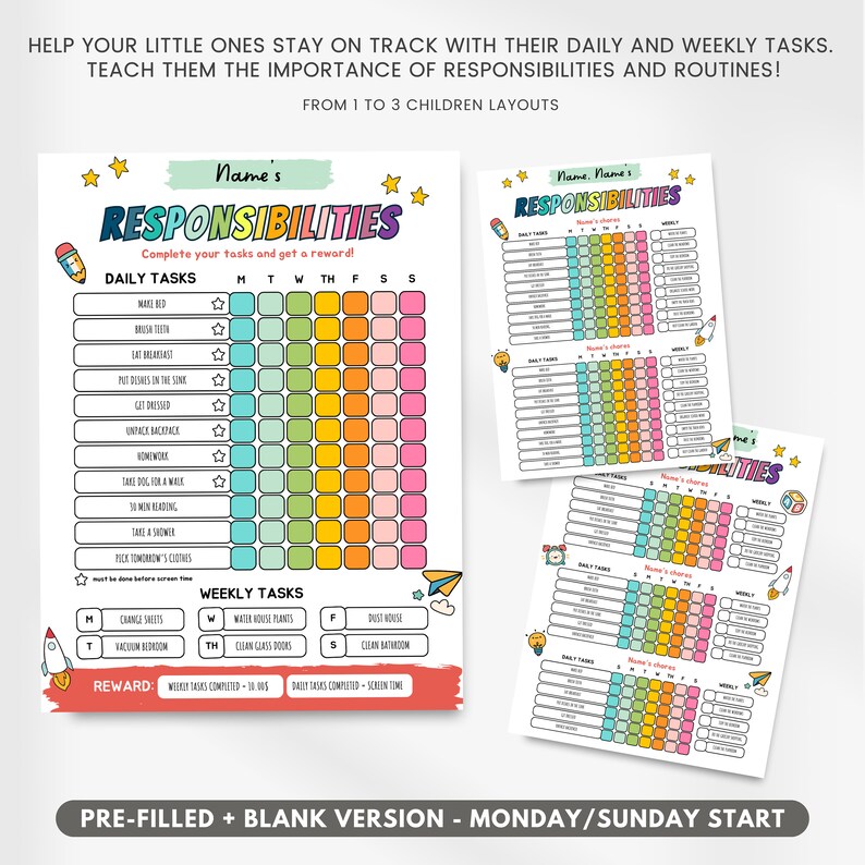 Editable Kids Chore Chart, Multiple Kids Chore Chart, Printable ...