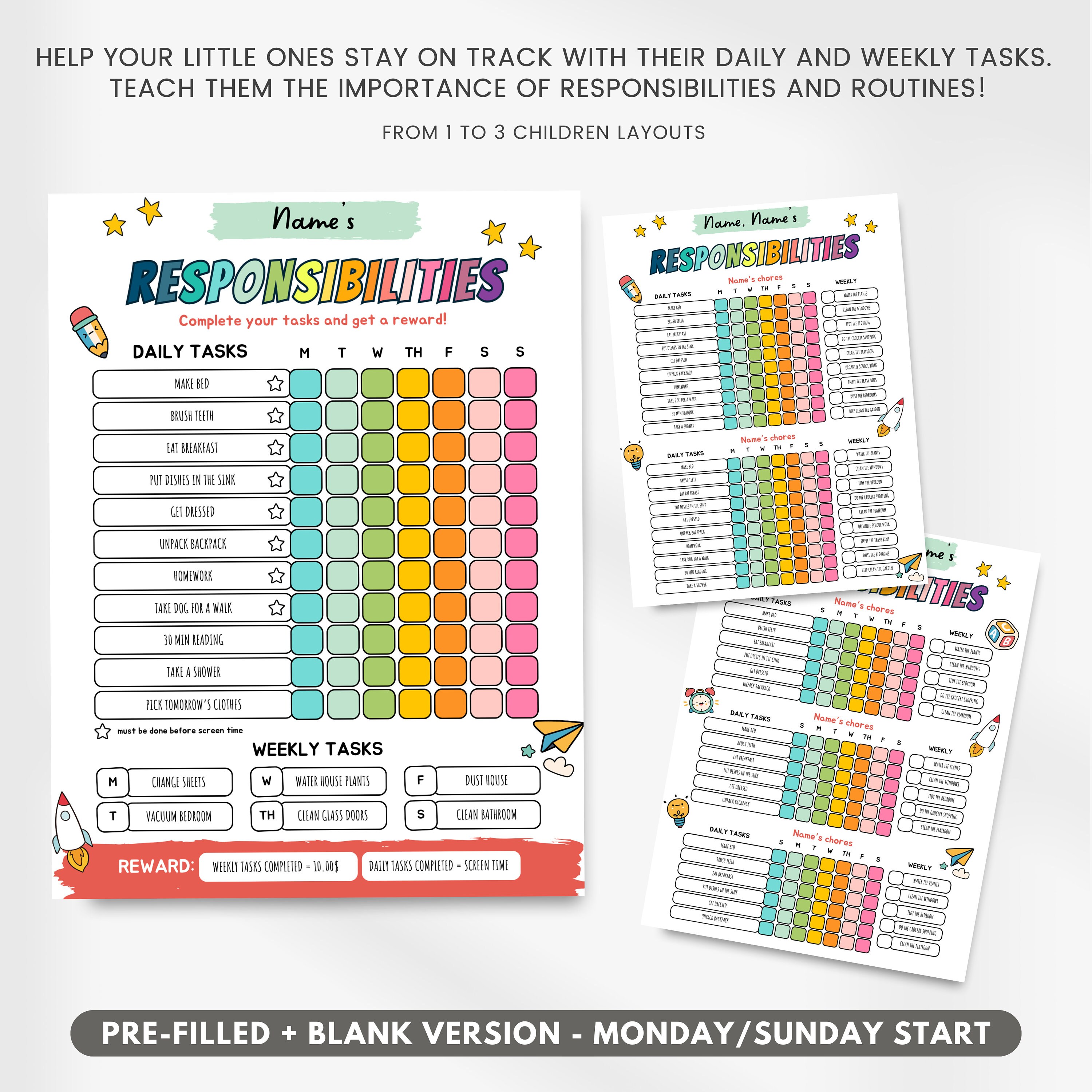 Editable Kids Chore Chart, Multiple Kids Chore Chart, Printable ...