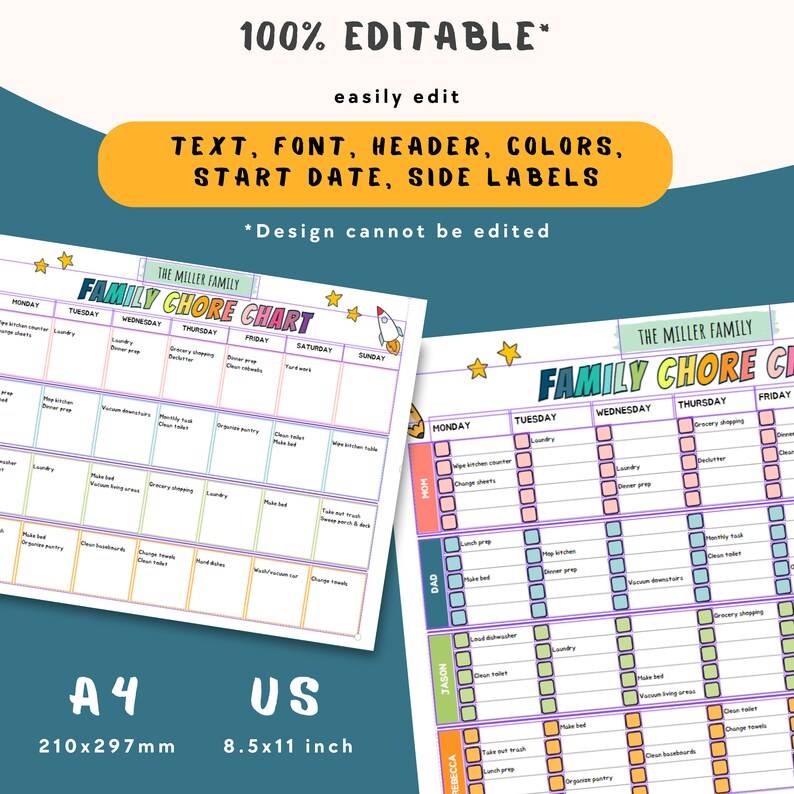 Editable Family Chore Chart Weekly Daily Tasks and Activities - Etsy