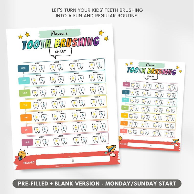 Editable Tooth Brushing Chart, Toddler Teeth Brushing Reminder, Clean ...