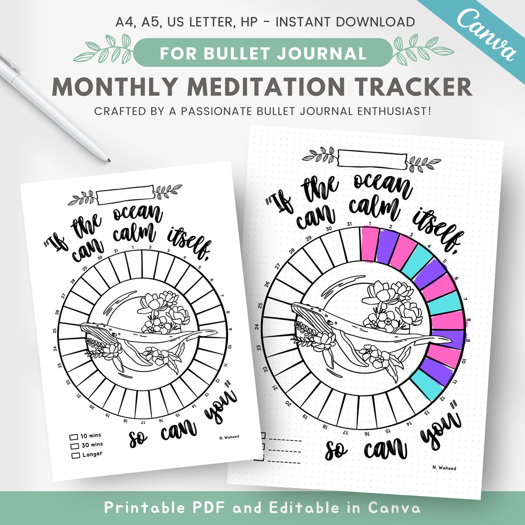 Printable Monthly Meditation Tracker, Premade Meditation Log Bullet ...