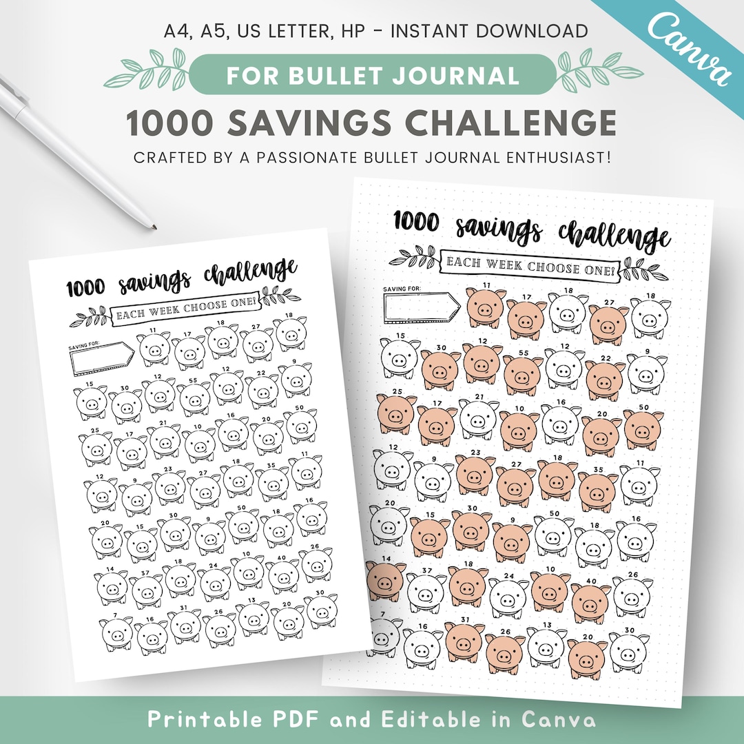 1000 Savings Challenge, Editable 1k Cash Saving Tracker, 1000 Dollar ...
