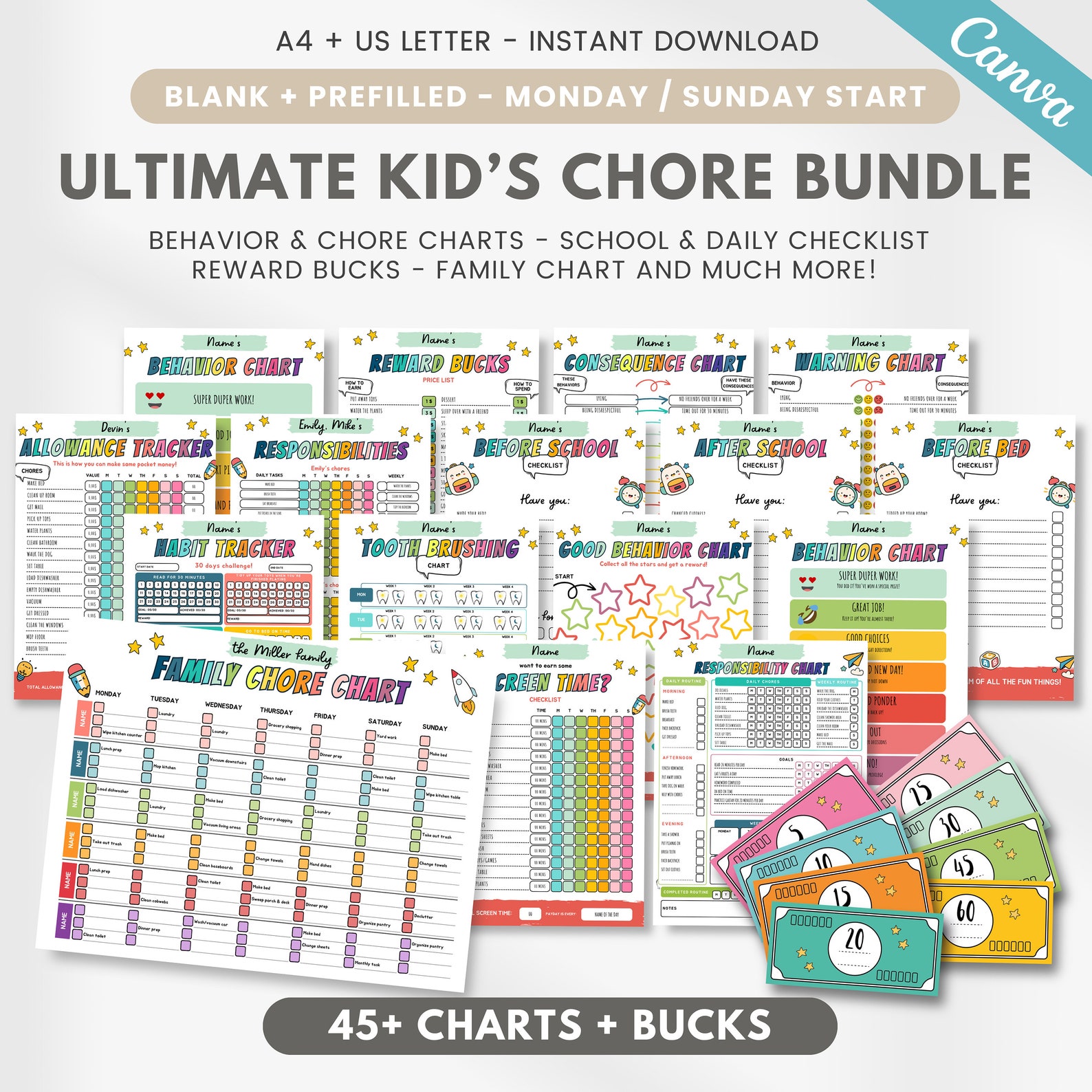 Editable Kids Chore Chart Bundle, Kids Checklist, Children Daily Weekly ...