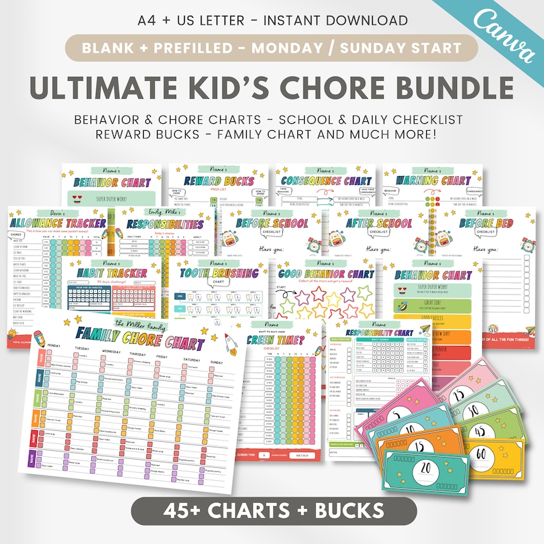 Editable Kids Chore Chart Bundle, Kids Checklist, Children Daily Weekly ...