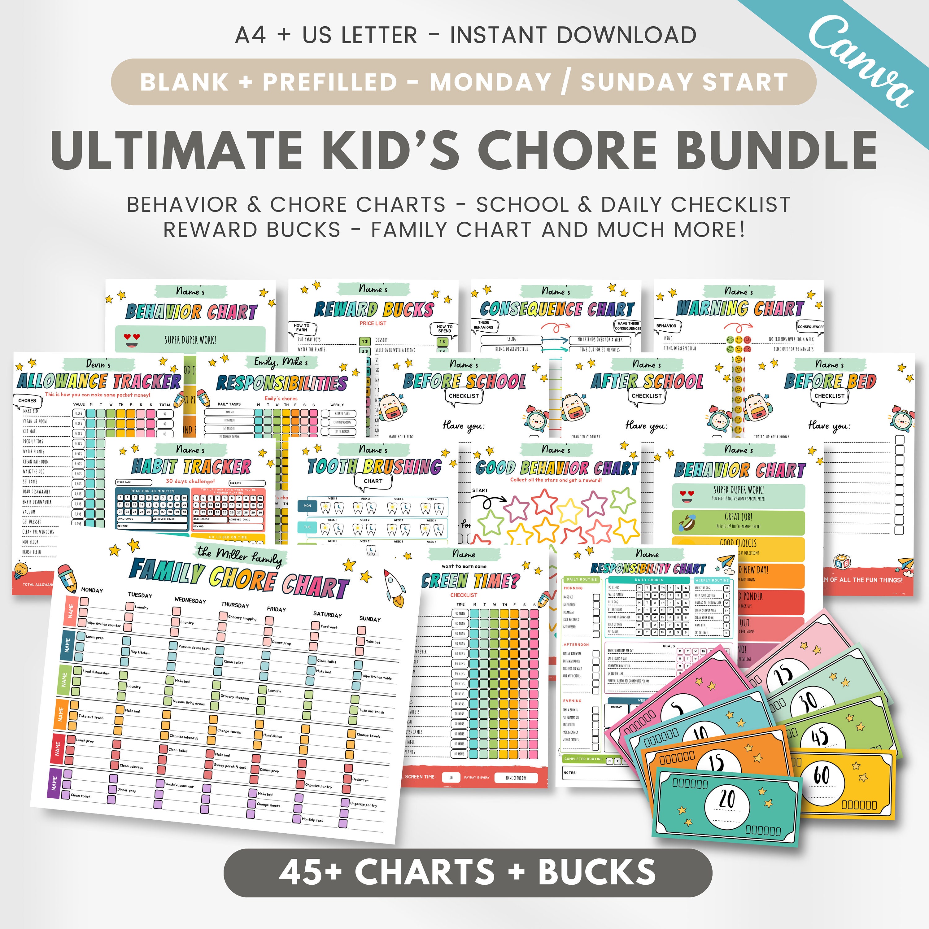 Editable Kids Chore Chart Bundle, Kids Checklist, Children Daily Weekly ...