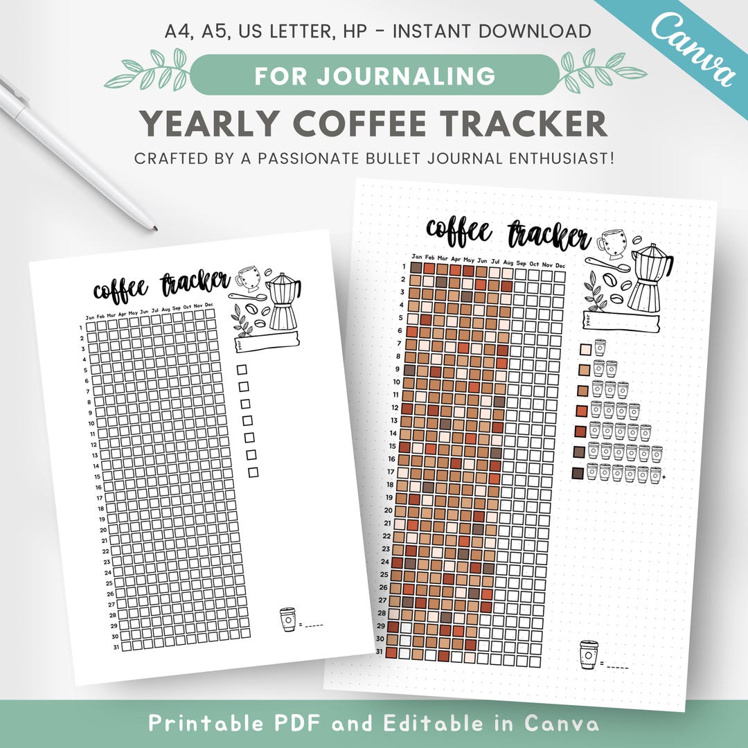 Coffee Tracker Yearly, Caffeine Tracker, Printable Planner Insert, How ...