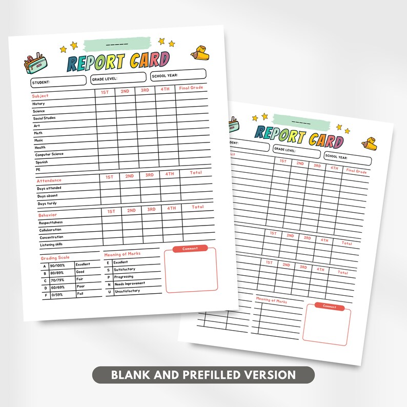 Fully Editable Homeschool Report Card for Kids, School Grade Card ...