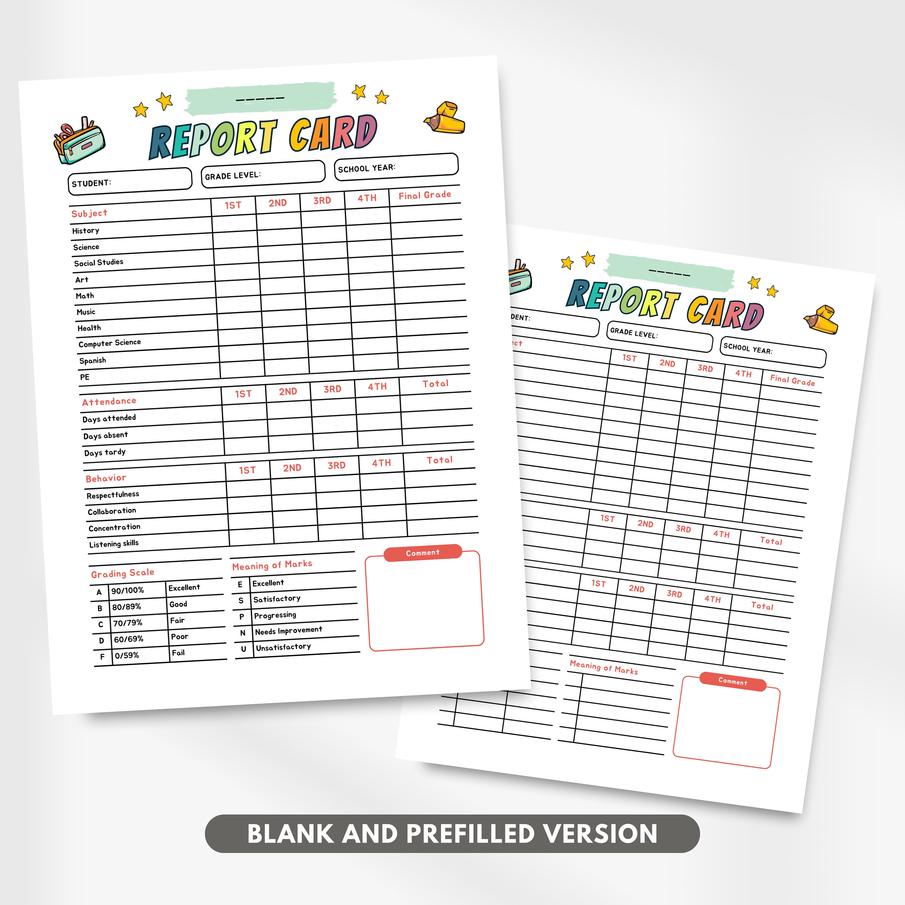 Fully Editable Homeschool Report Card for Kids, School Grade Card ...