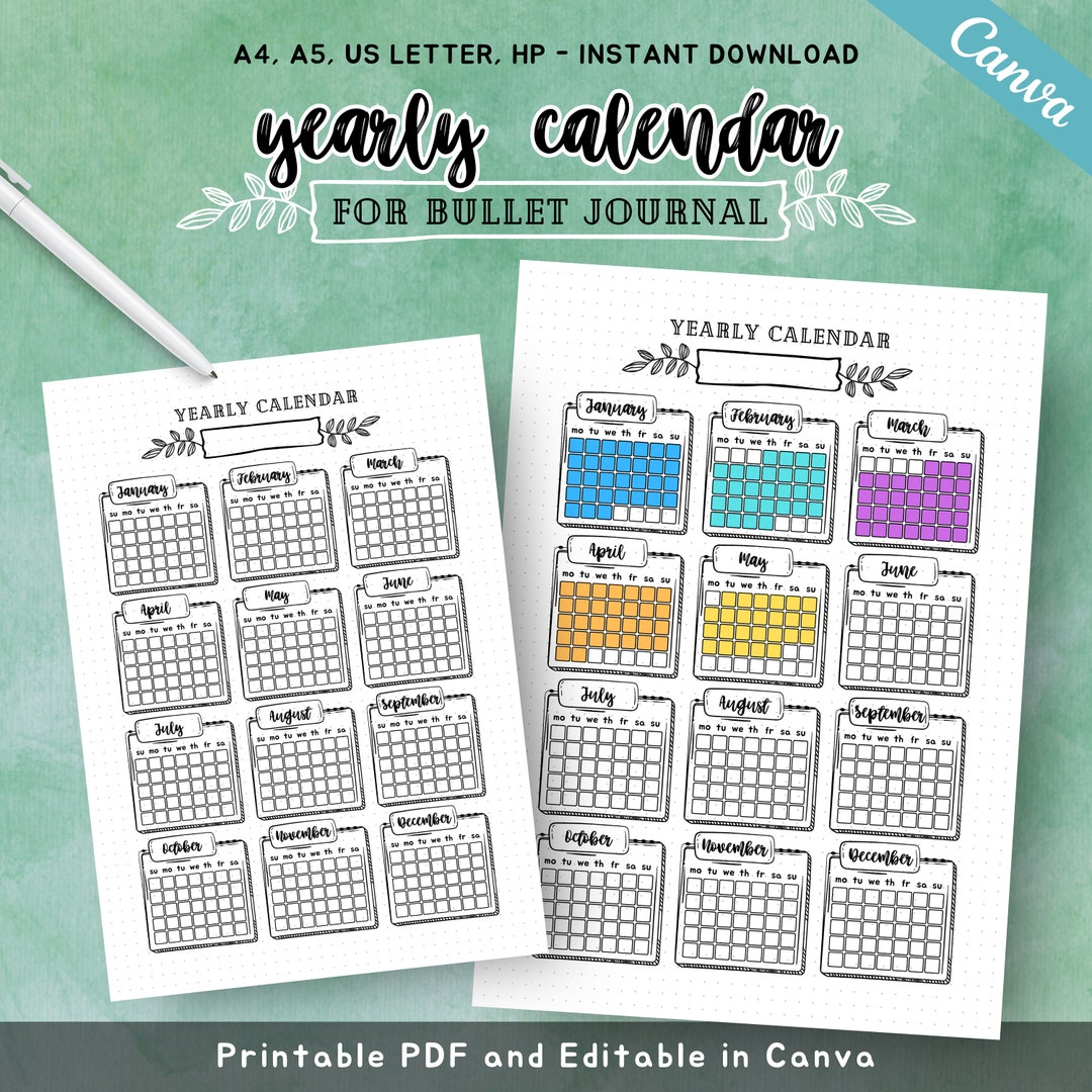 Printable Undated Blank Yearly Calendar, Year at a Glance Planner ...