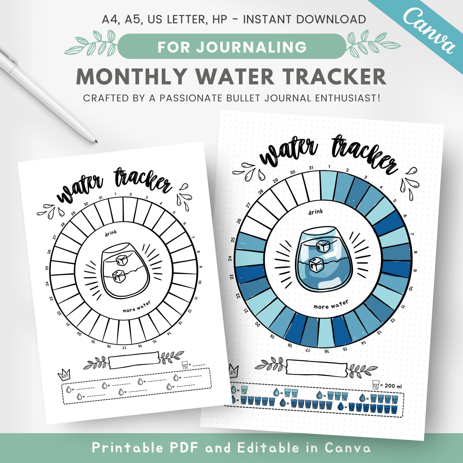 Monthly Water Intake Tracker, Printable Journal Page, Hydratation ...