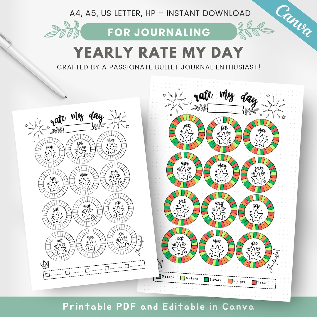 Rate My Day Tracker, Printable Journal Page, Journal Yearly Tracker ...