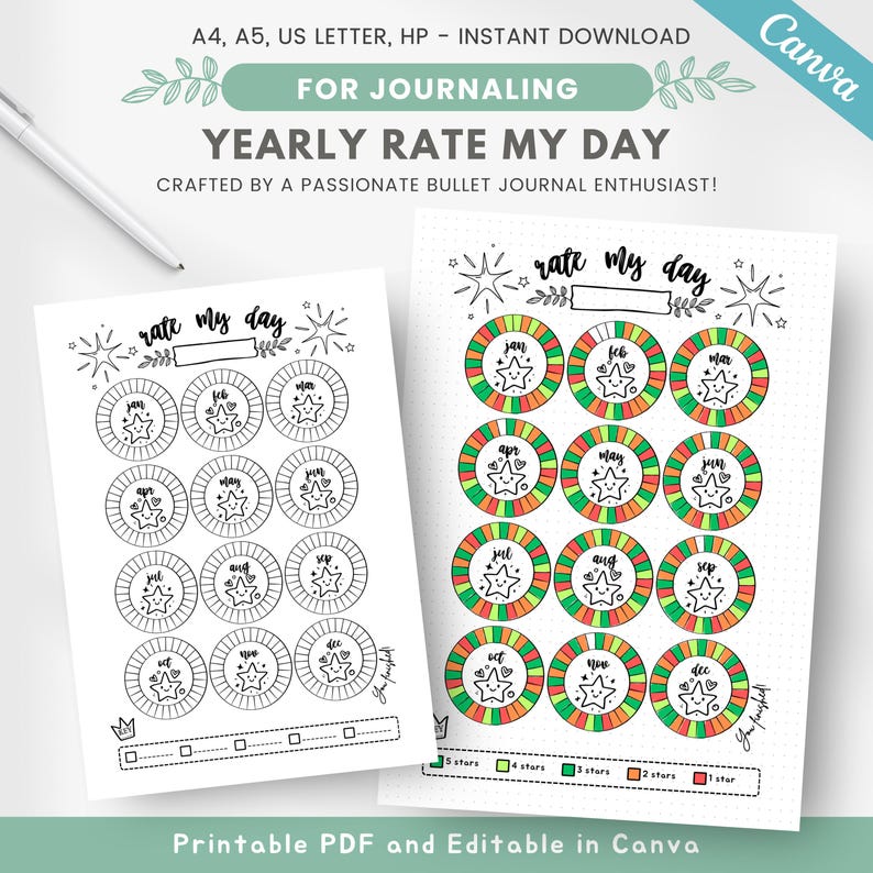 Rate My Day Tracker, Printable Journal Page, Journal Yearly Tracker ...