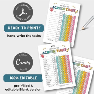 Editable Screen Time Chart With Reward Bucks Kids Chore - Etsy