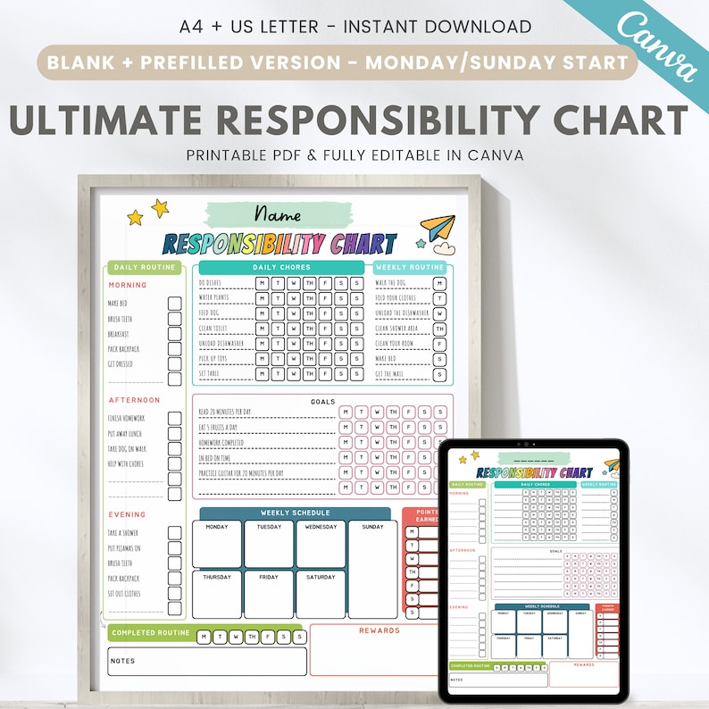 Editable ADHD Chore Chart for Kids, Printable Responsibility Chart ...