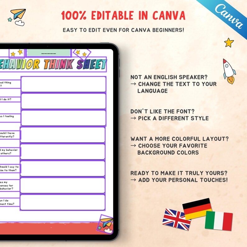 Behavior Think Sheet for Kids, PRINTABLE & EDITABLE Behavior Chart ...