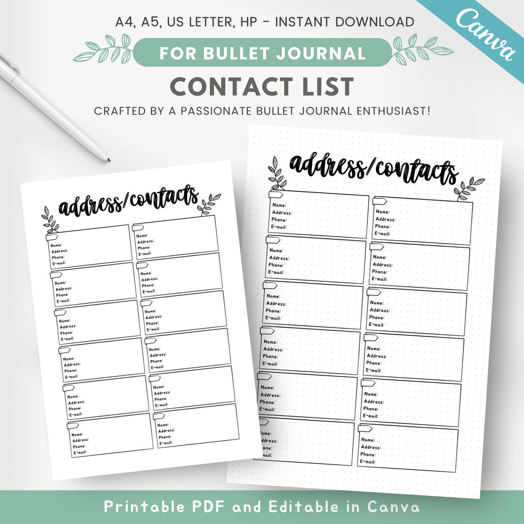 Printable Contact List, Premade Address Book Planner Insert, Friends ...
