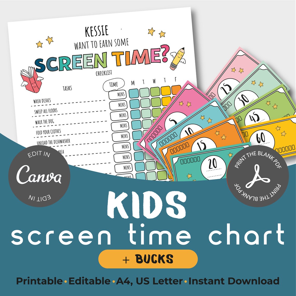 Editable Screen Time Chart With Reward Bucks Kids Chore - Etsy