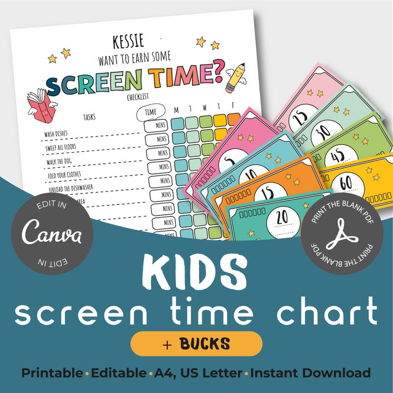 Editable Screen Time Chart With Reward Bucks Kids Chore - Etsy