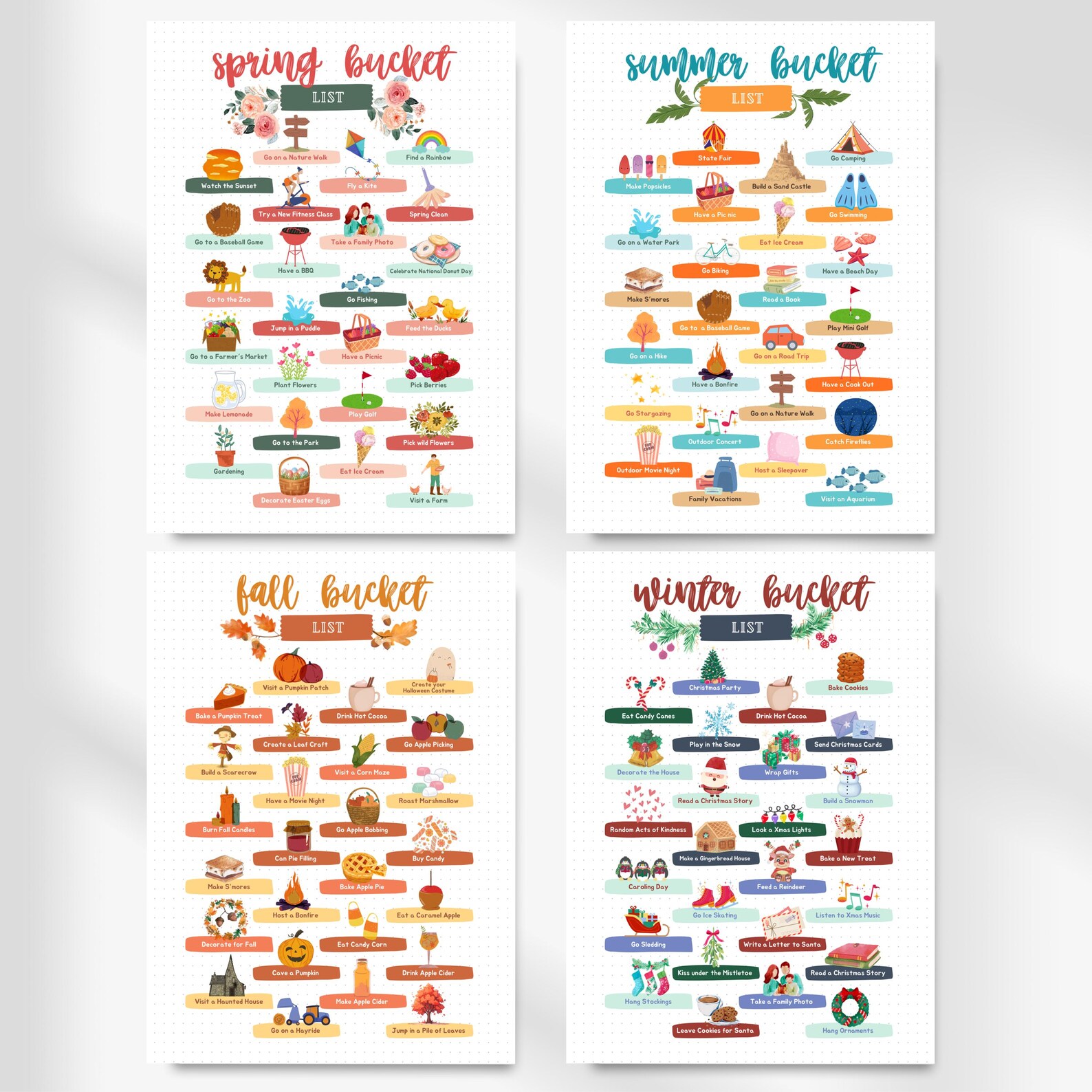 Seasonal Bucket List Bundle Printable, Fall Bucket List, Summer Bucket ...