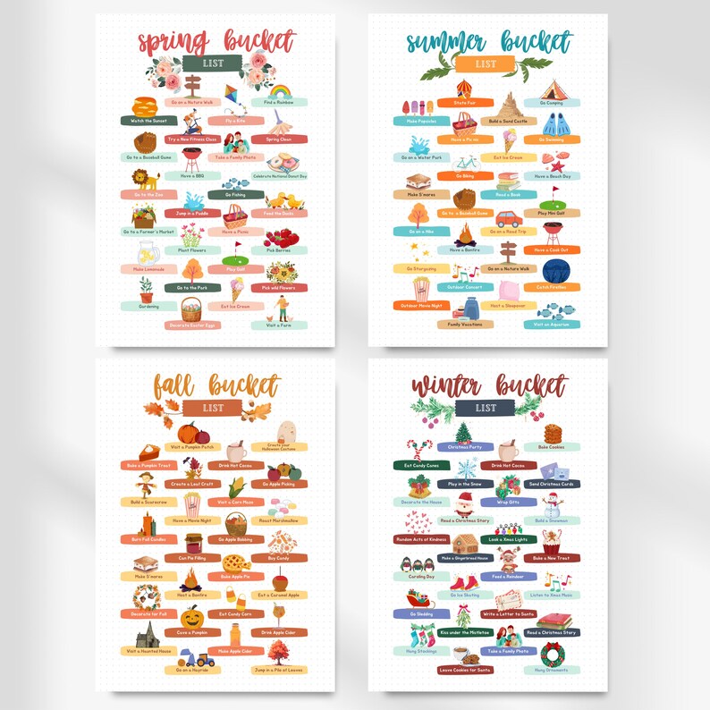 Seasonal Bucket List Bundle Printable, Fall Bucket List, Summer Bucket ...