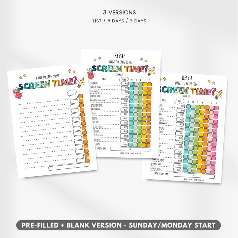 Editable Screen Time Chart With Reward Bucks, Kids Chore Chart, Pretend ...