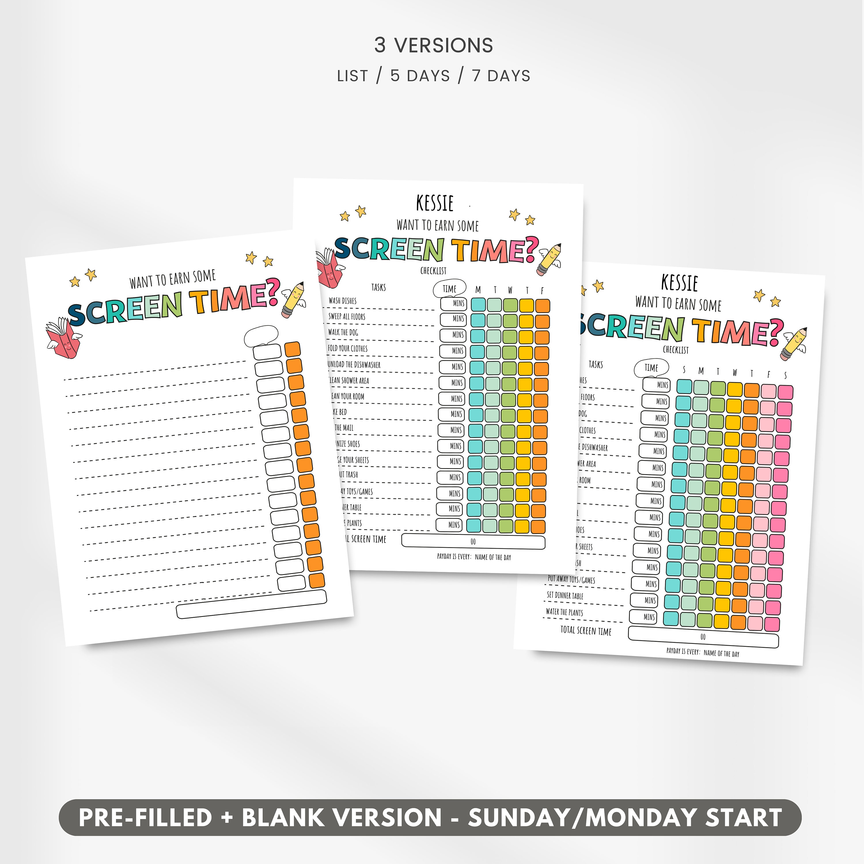 Editable Screen Time Chart With Reward Bucks, Kids Chore Chart, Pretend ...