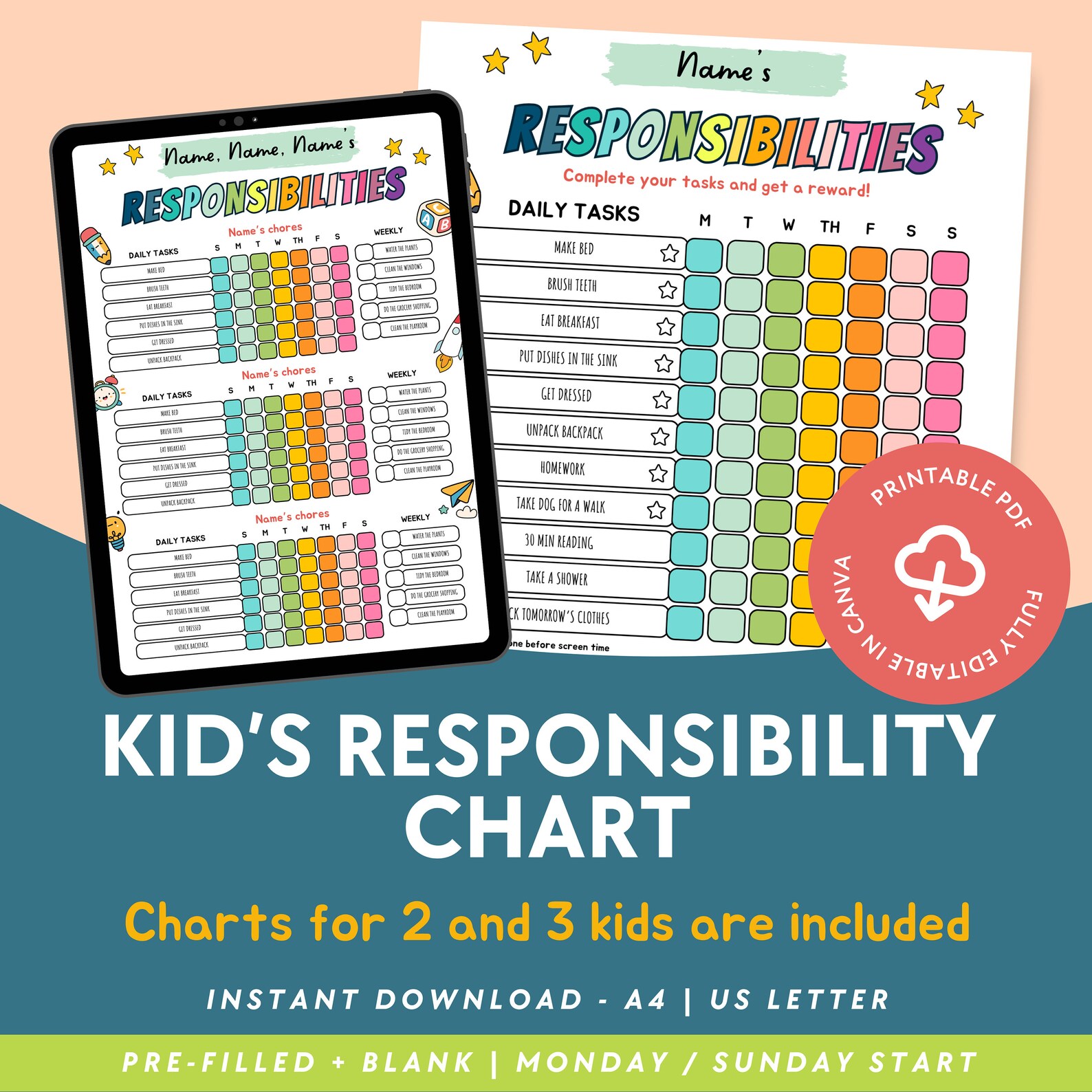 Editable Kids Chore Chart Multiple Kids Chore Chart - Etsy