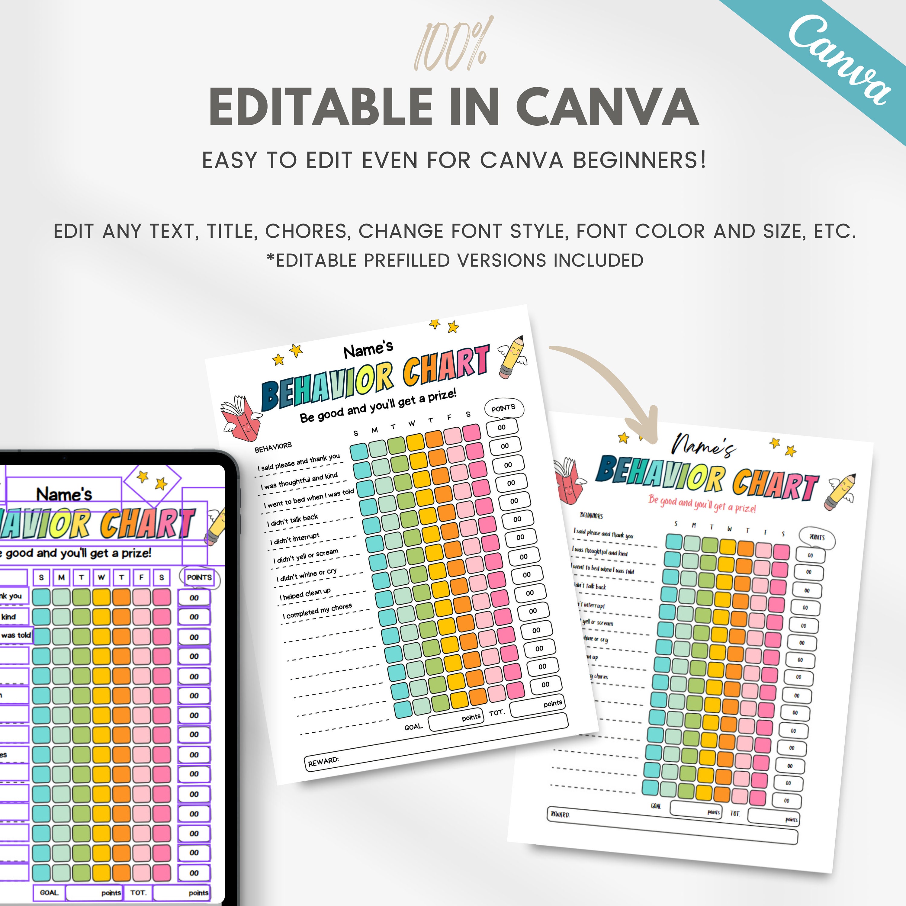 Editable Behavior Chart for Kids, Behavior Management Tracker for ...