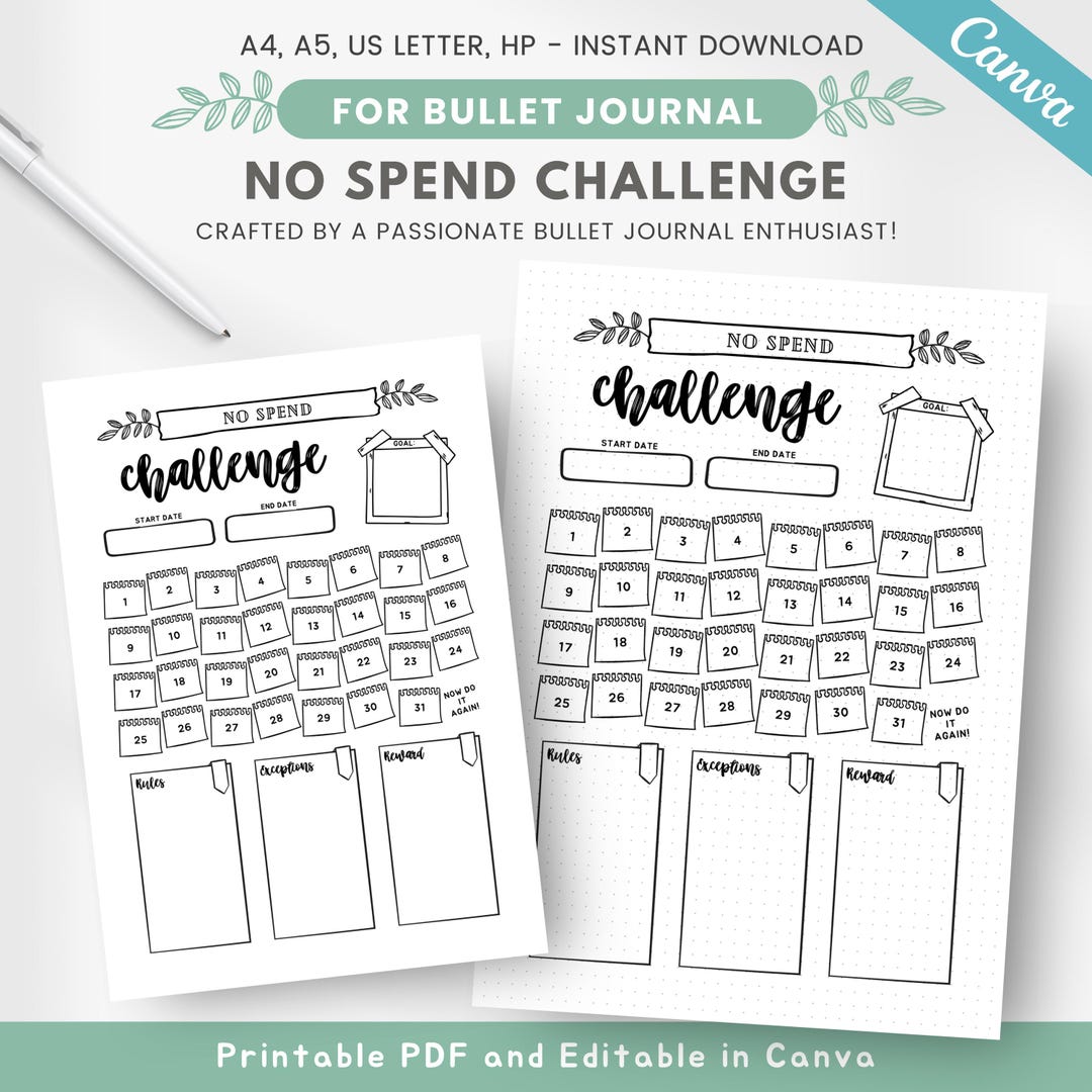 Monthly No Spend Challenge, Printable Savings Challenge, 30 Days No ...
