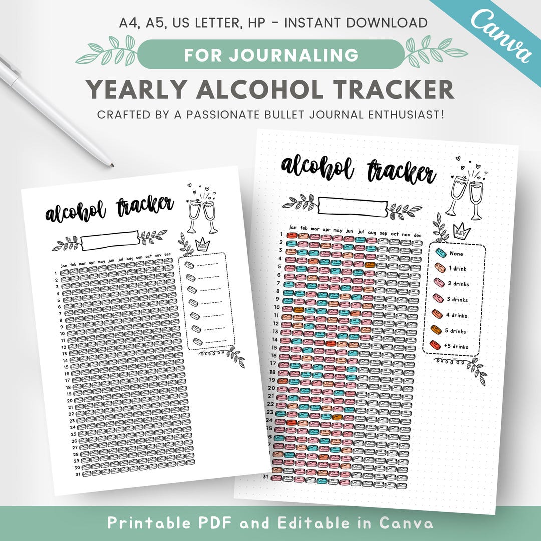 Yearly Alcohol Tracker, Drink Tracker Journal Page, Track Drinking ...