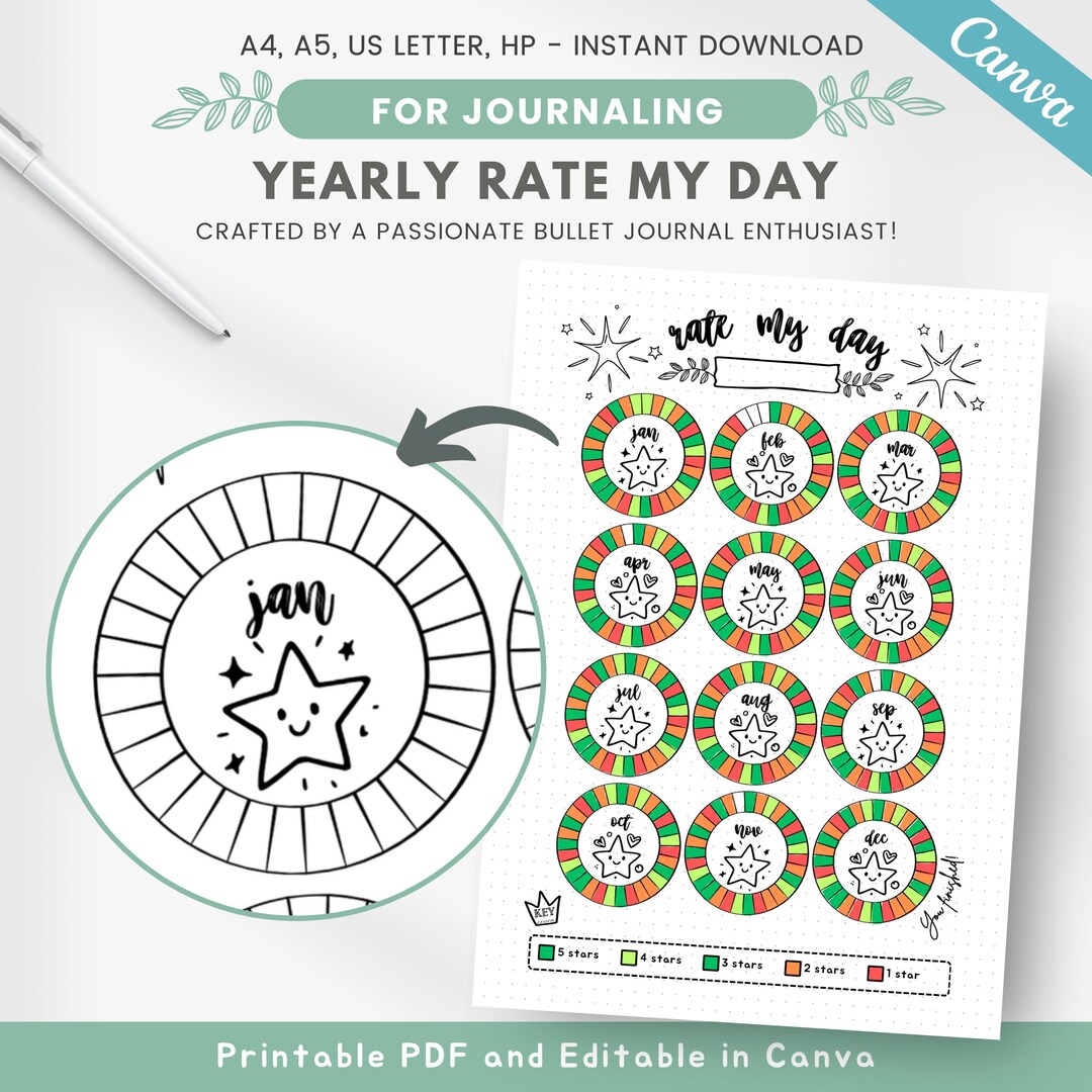 Rate My Day Tracker, Printable Journal Page, Journal Yearly Tracker ...