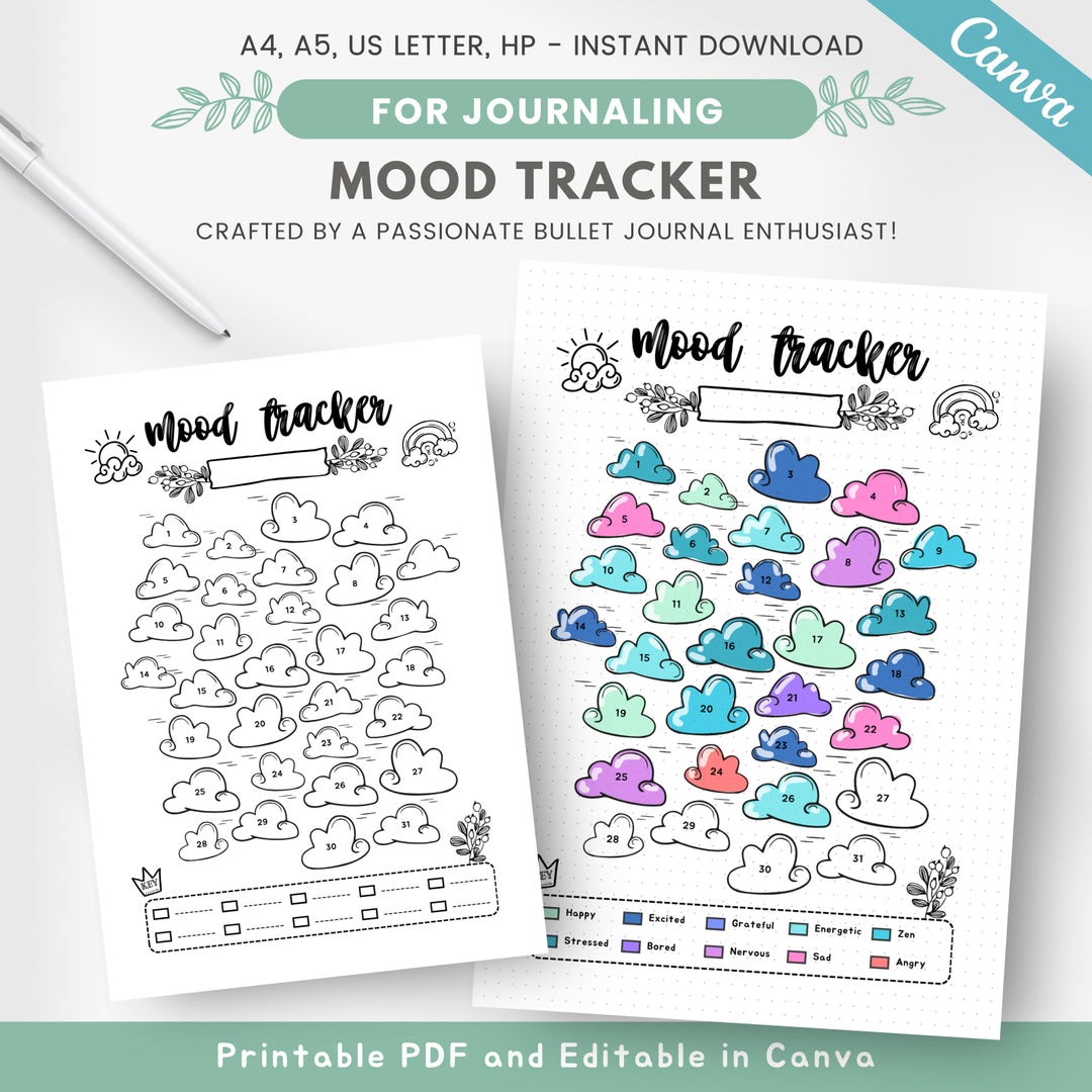 Clouds Mood Tracker, Printable Mood Journal Page, Track Mood, 30 Days ...