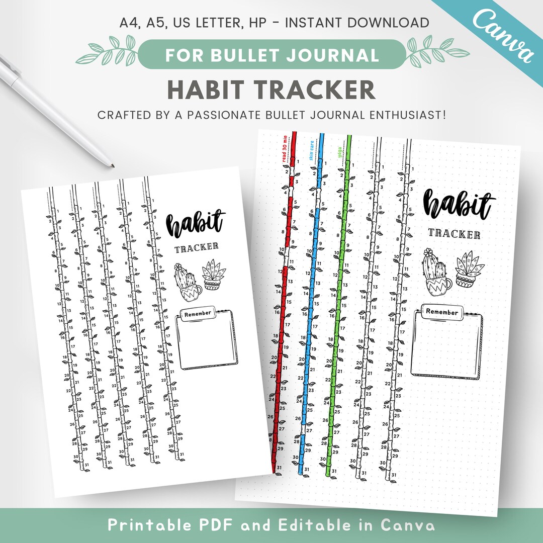 Printable Bamboo Monthly Habit Tracker, 30 Days Habit Challenge, Daily ...