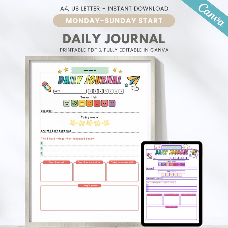 Printable Kids Daily Journal, Kids Daily Gratitude, Editable Diary for ...