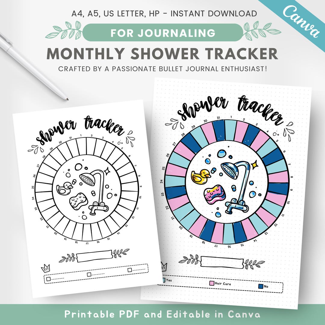 Monthly Shower Tracker, Hair Wash Tracker, Daily Hygiene Tracker ...