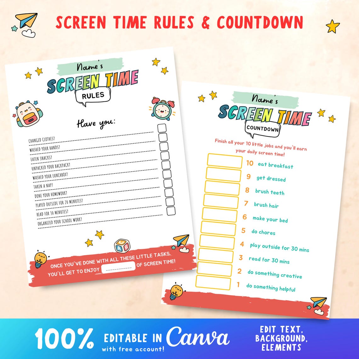 Editable Screen Time Chart With Reward Bucks, Printable Kids Screen ...