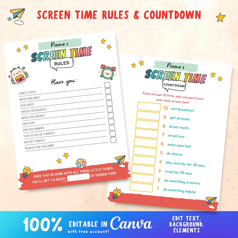 Editable Screen Time Chart With Reward Bucks, Printable Kids Screen ...