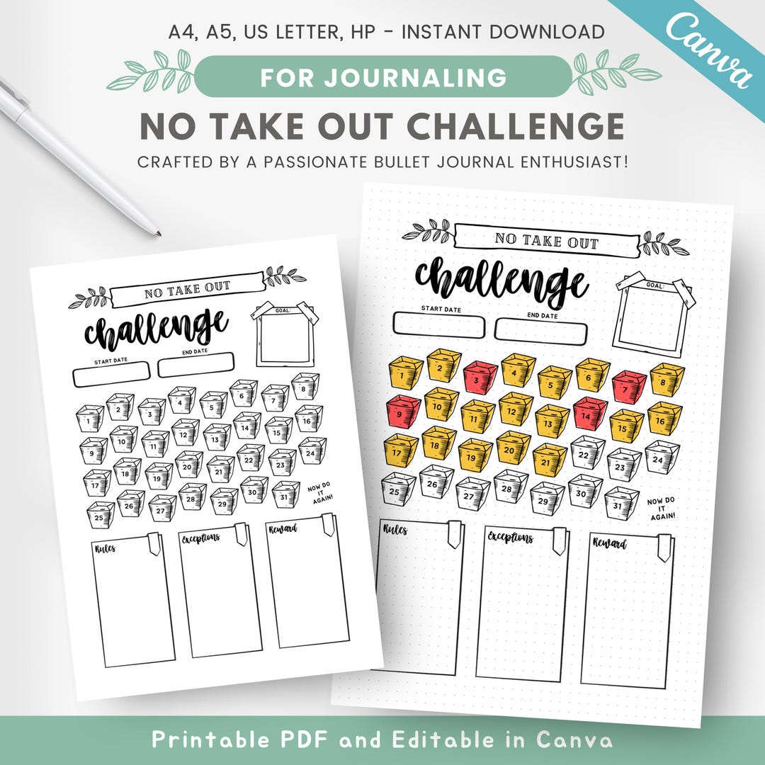 No Eating Out 30 Days Challenge, No Take Out Challenge, Printable ...