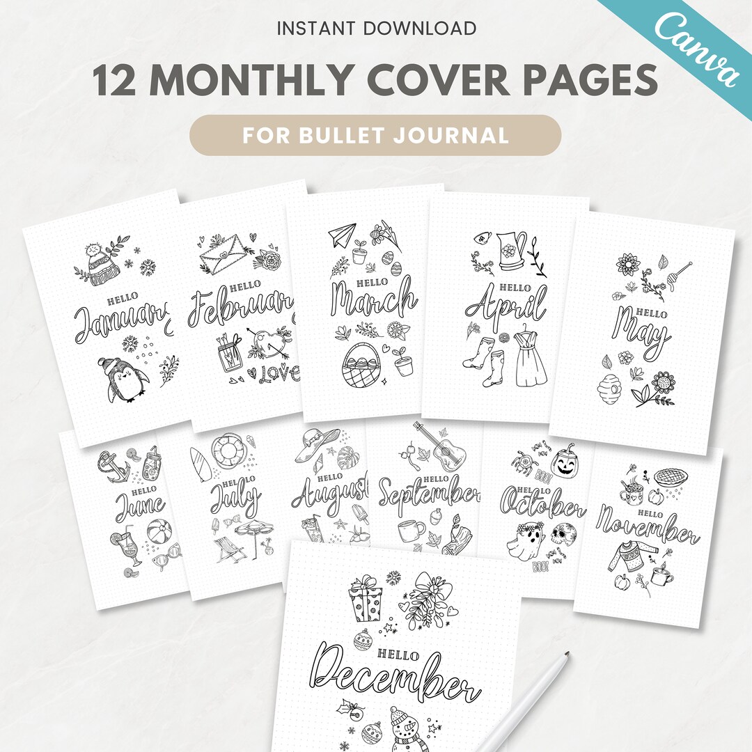 12 Monthly Cover Pages for Bullet Journal, Editable Title Pages ...