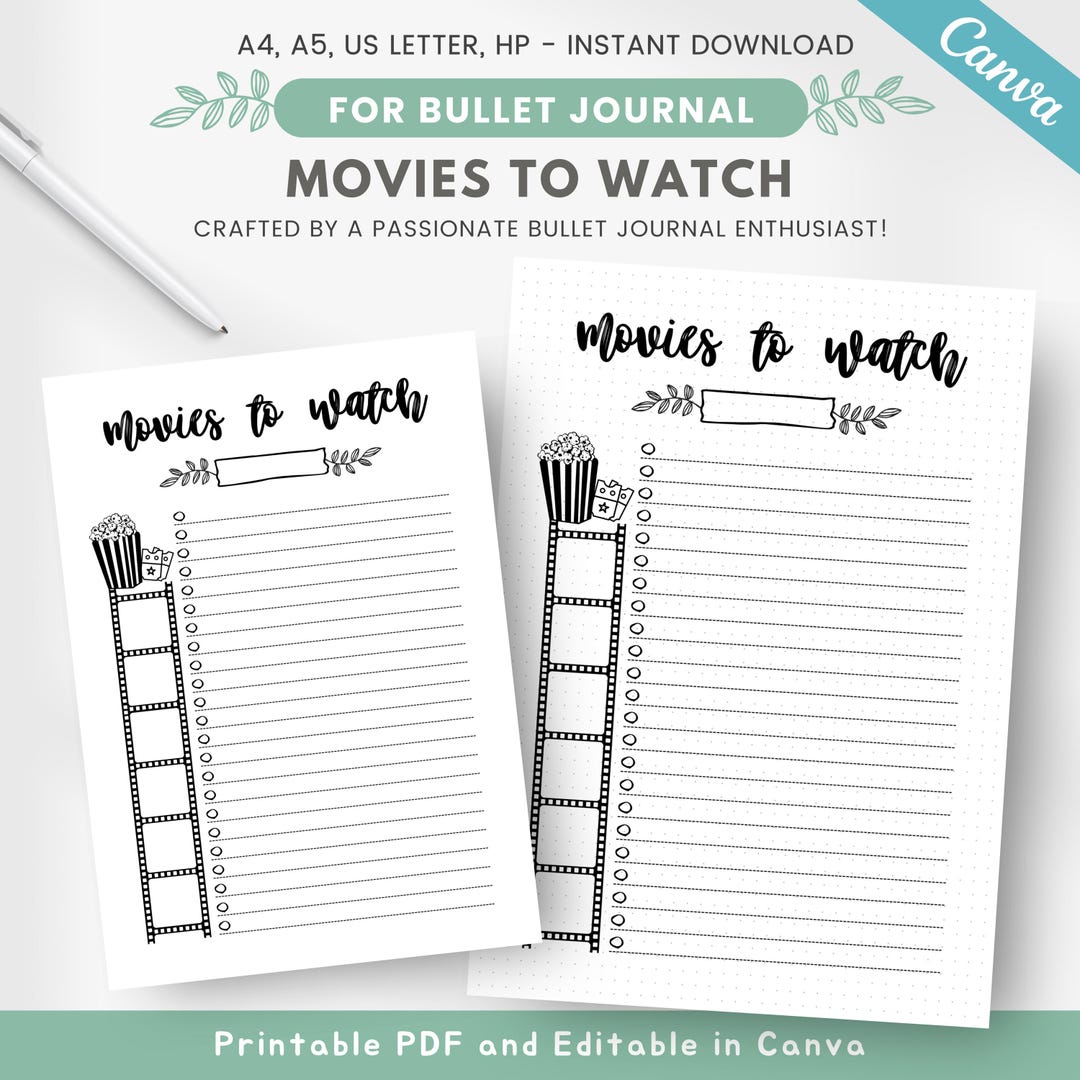 Printable Movies Watchlist, Movies to Watch Bullet Journal Page, Movies ...