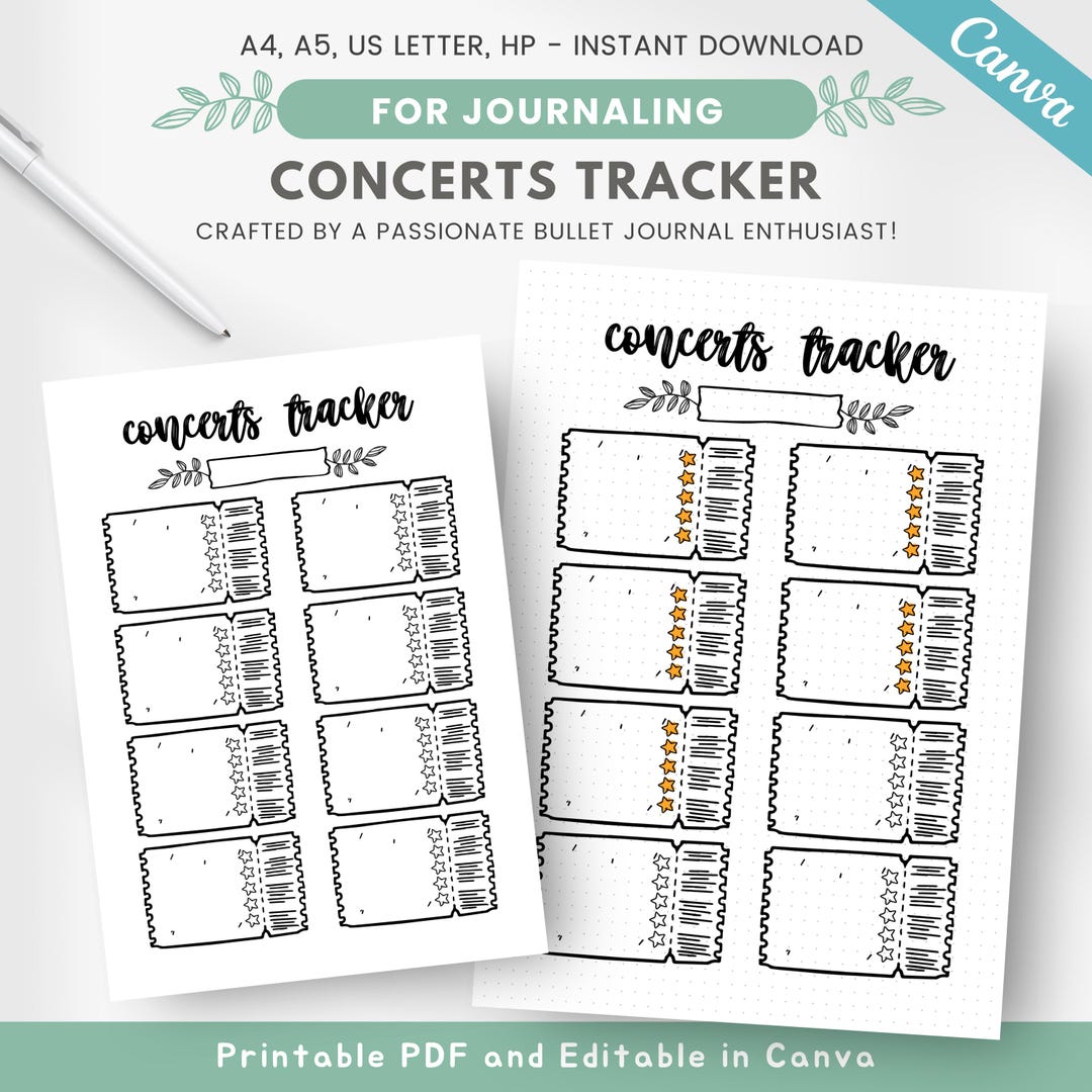Live Concert Tracker, Gig Tracker, Concert Ticket, Printable Journal ...